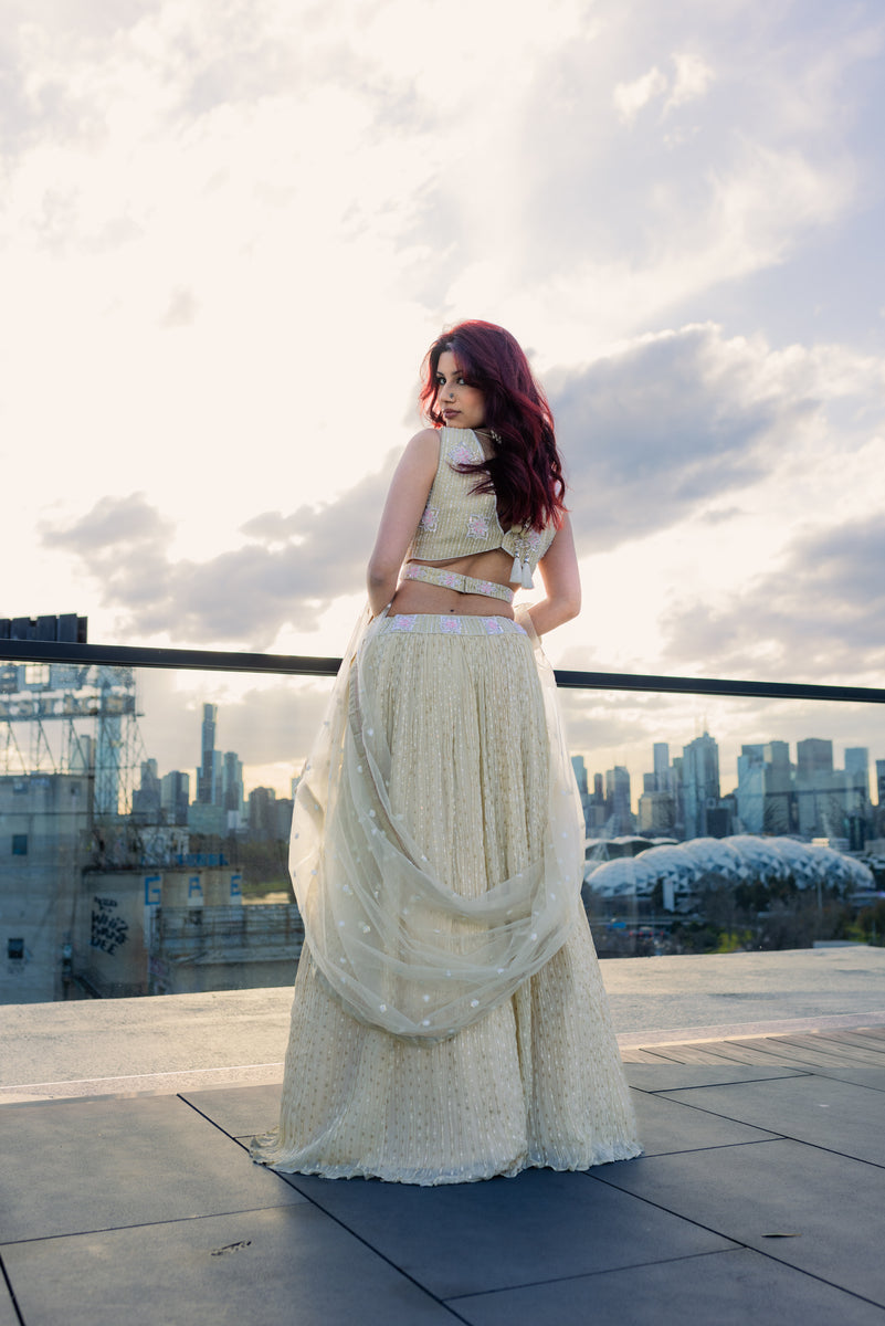 1 of 1 Cream Angel Georgette Lehenga – House of Kalakar